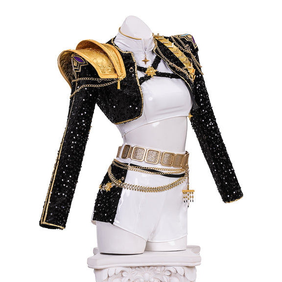 R KPop Demon Hunters HUNTR/X Rumi Black Golden Dance Outfit Cosplay Co ...